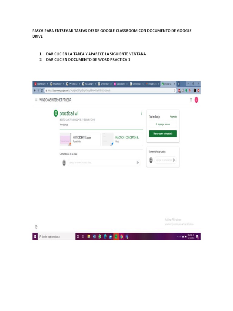 Pasos para Entregar Tareas Desde Google Classroom Con Documento de Google Drive | PDF