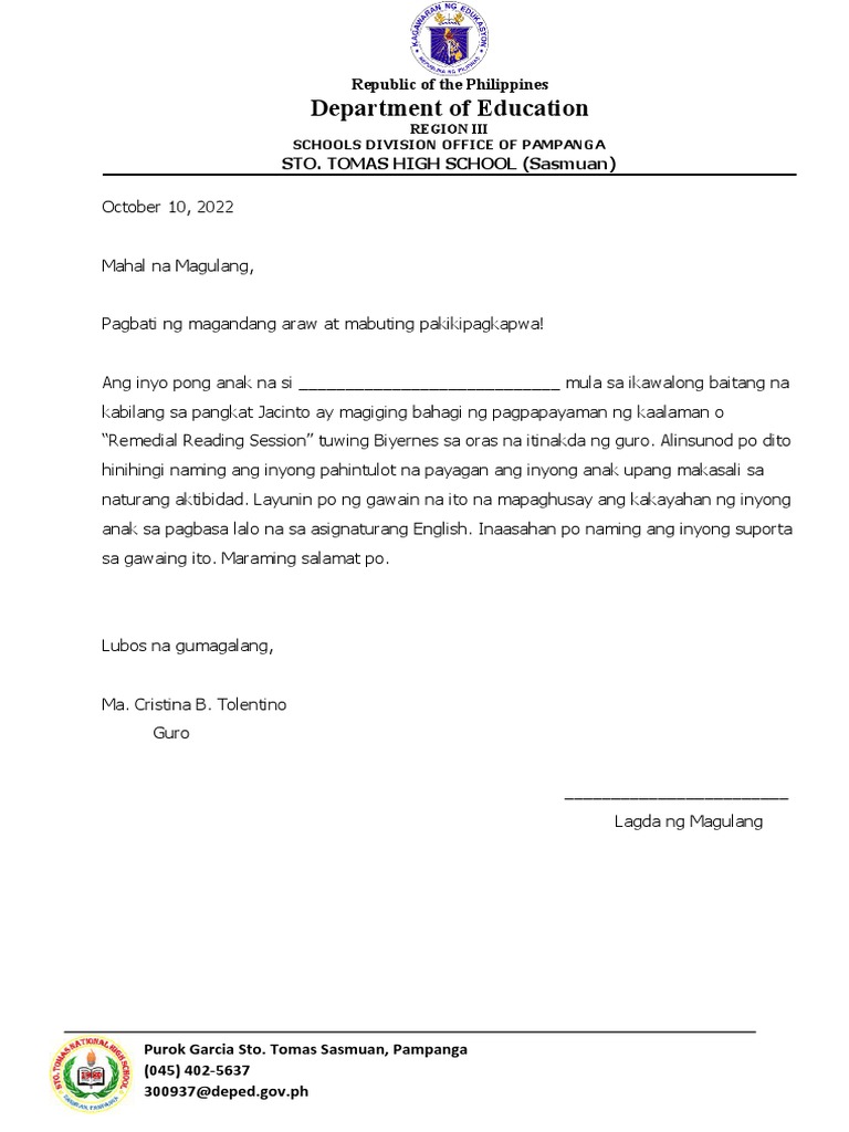 Letter to Parents Reading Remediation | PDF Letter to Parents Reading Remediation | PDF