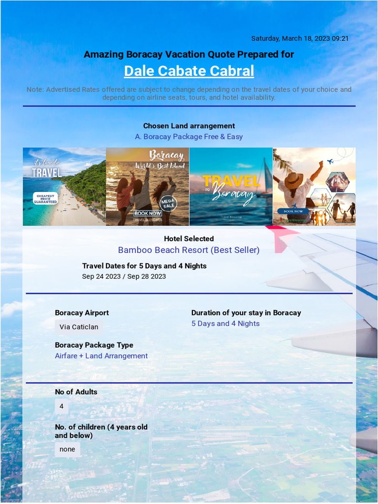 Dale Cabate Cabral Airfare Land Arrangement Bamboo Beach Resort Best Seller A Boracay Package ...