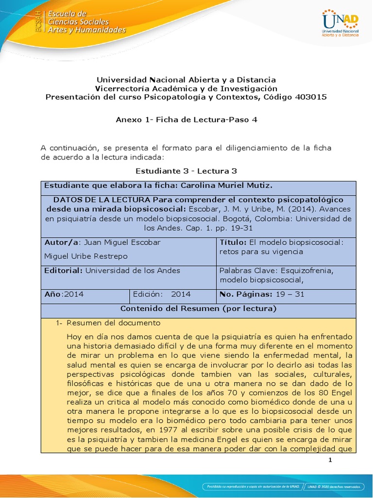 Anexo 1 - Ficha de Lectura-Paso 4 - Carolina Muriel | PDF | Esquizofrenia | Sicología