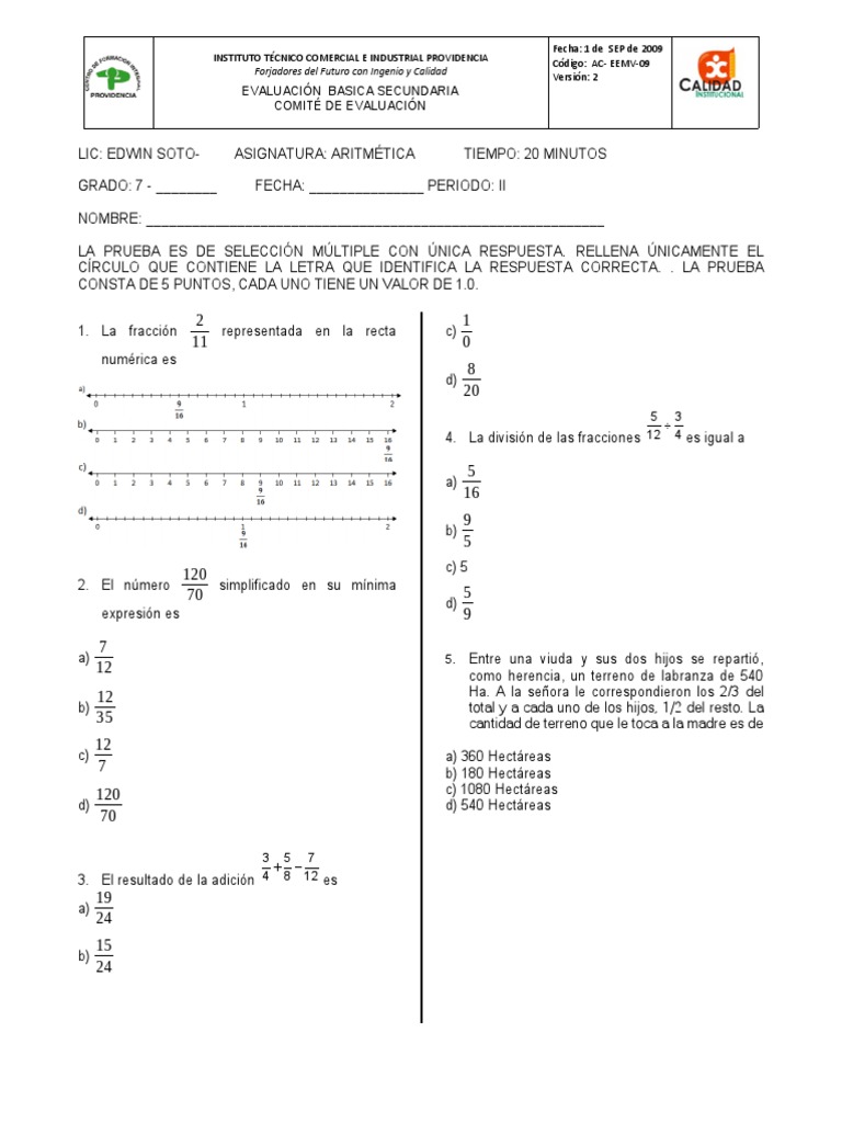 Evaluación Recuperación Racionales II Periodo Septimo | PDF ...