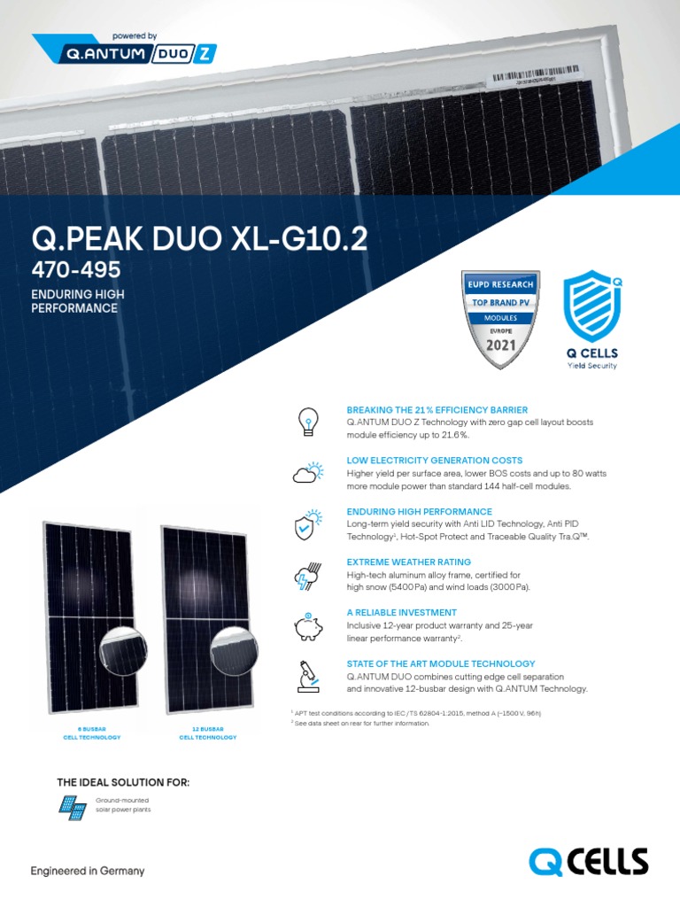 Q CELLS Data Sheet Q.PEAK DUO XL-G10.2 470-495 2022-01 Rev03 NA | PDF | Photovoltaics | Solar Panel
