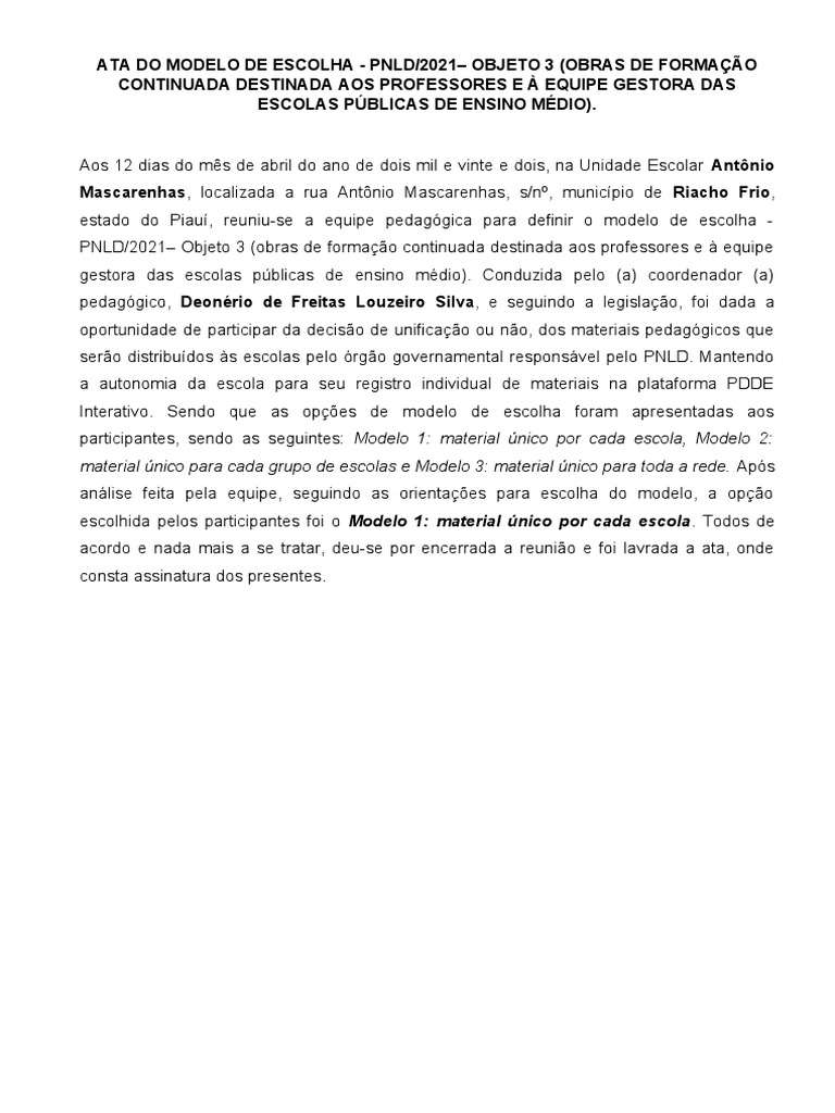 Ata Do Modelo de Escolha 2022 | PDF