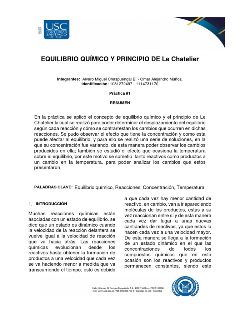 Informe 1 Equilibrio Quimico Y Principio de Le Chatelier PDF | PDF | Equilibrio químico ...