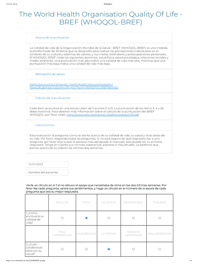 WHOQOL Muestra 1 | PDF | Calidad de vida | Escala Likert