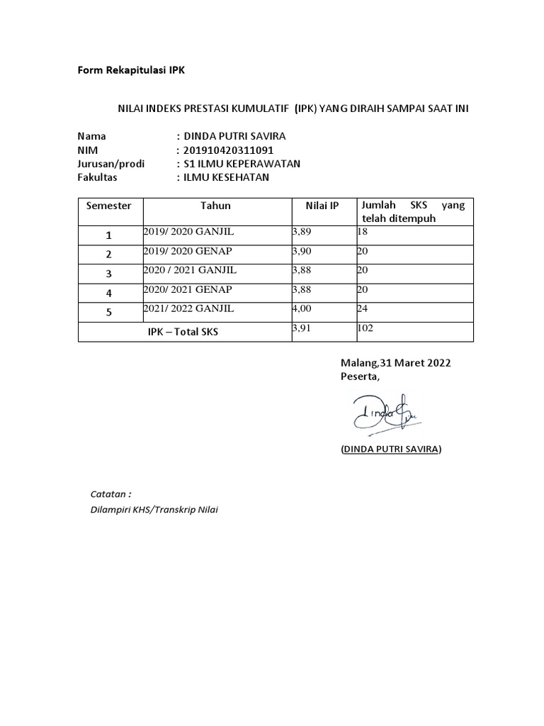 Form Rekapitulasi IPK | PDF