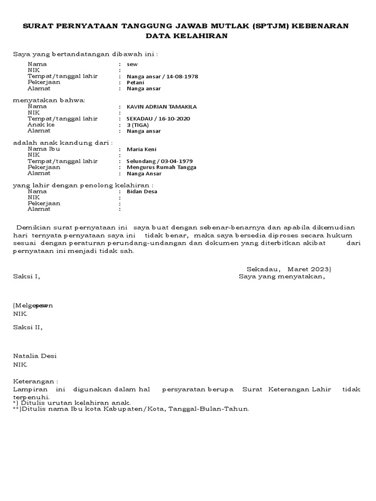 Surat Pernyataan Tanggung Jawab Mutlak (SPTJM) Kebenaran Data Kelahiran ...