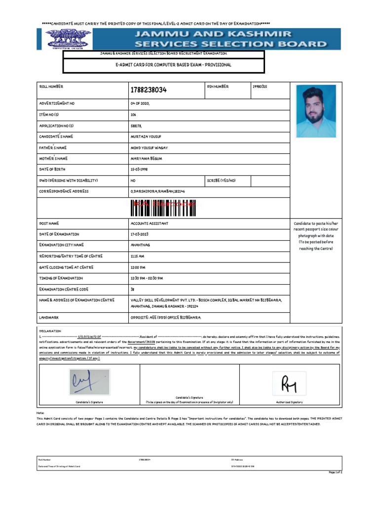 Admit Card (JKSSB) - 2023 | PDF | Identity Document | Computing