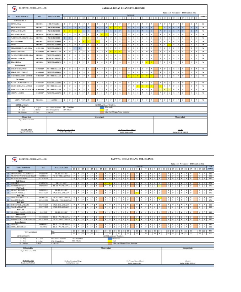 JADWAL DINAS RUANG POLIKLINIK RS SENTRA MEDIKA CISALAK BULAN NOVEMBER-DESEMBER 2022 | PDF