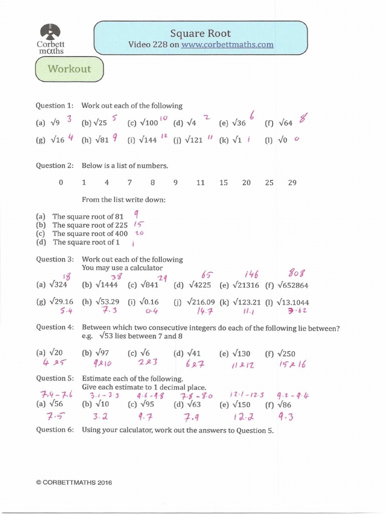 Square Root Answers PDF | PDF