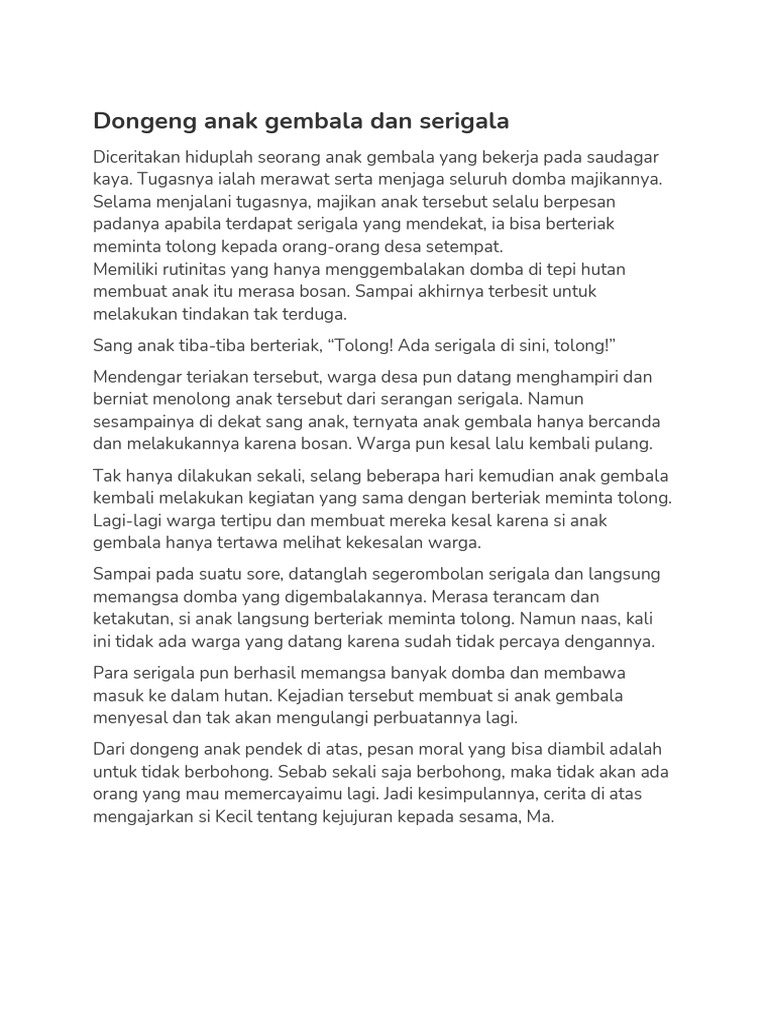 Dongeng Anak Gembala Dan Serigala | PDF