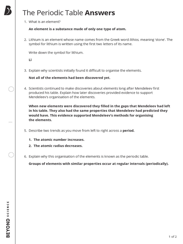 The Periodic Table Comprehension Answers | PDF | Chemical Elements ...
