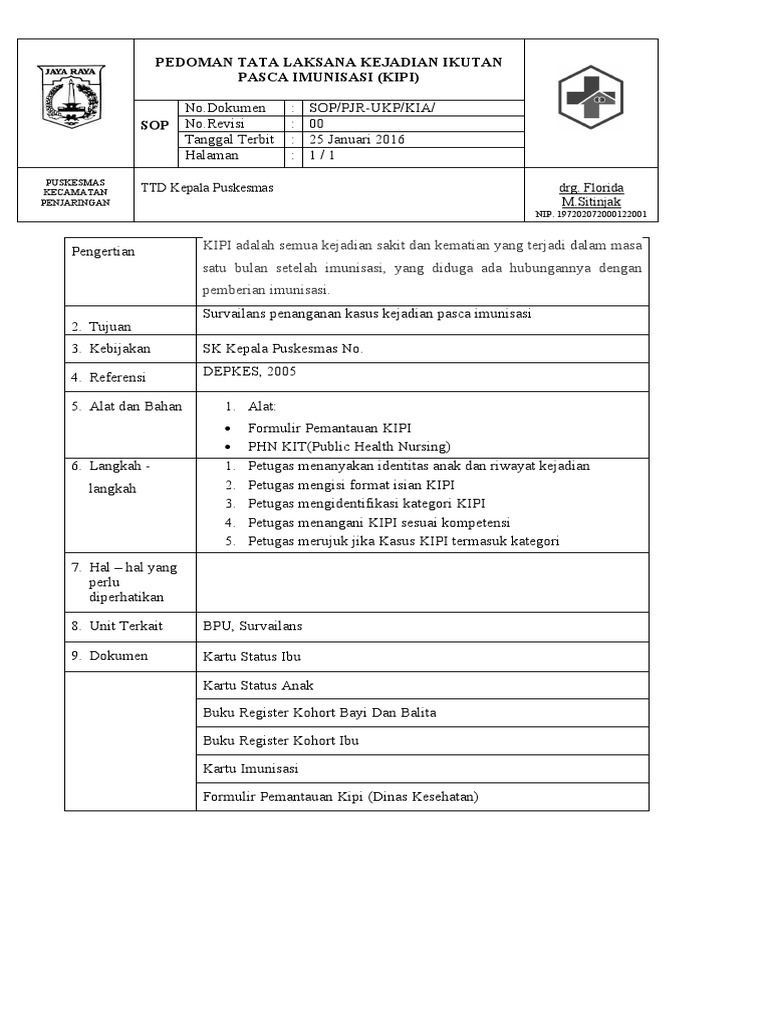 SOP Kejadian Ikutan Pasca Imunisasi (KIPI) | PDF