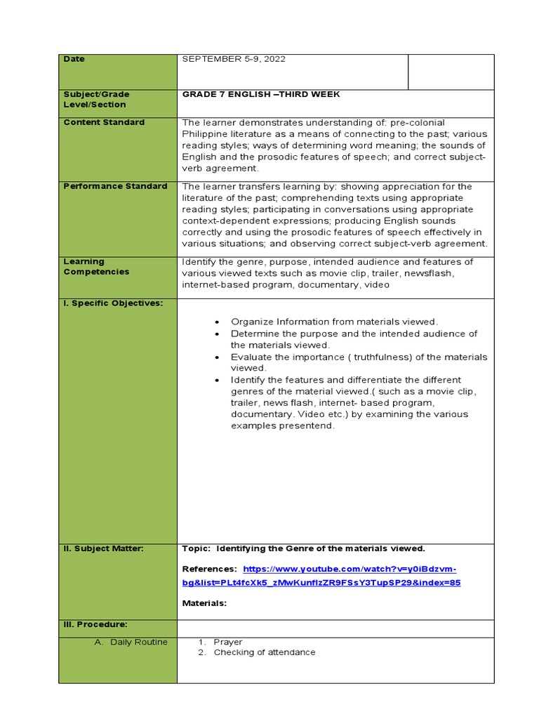 Lesson Plan Grade 7 - 3RD Week | PDF | Learning | Documentary Film