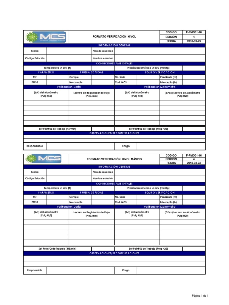 F16.formato Verificación Hivol | PDF | Presión | Cantidades fisicas