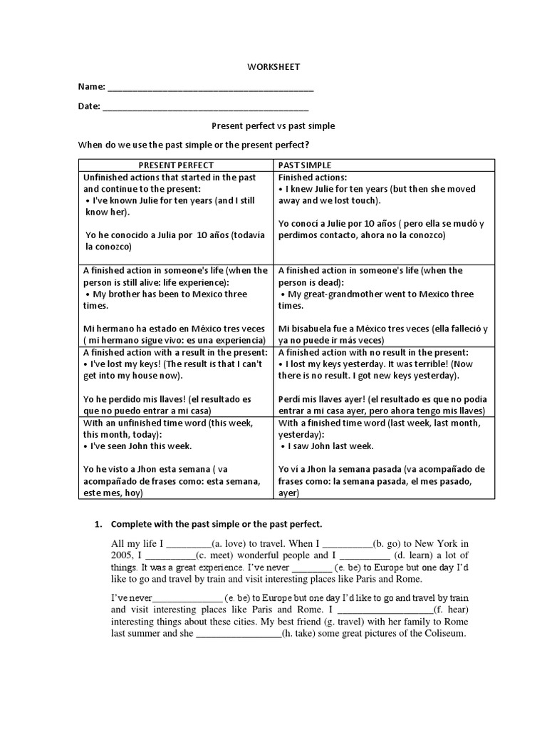 WORKSHEET Present Perfect and Past Perfect | PDF | Language Mechanics ...