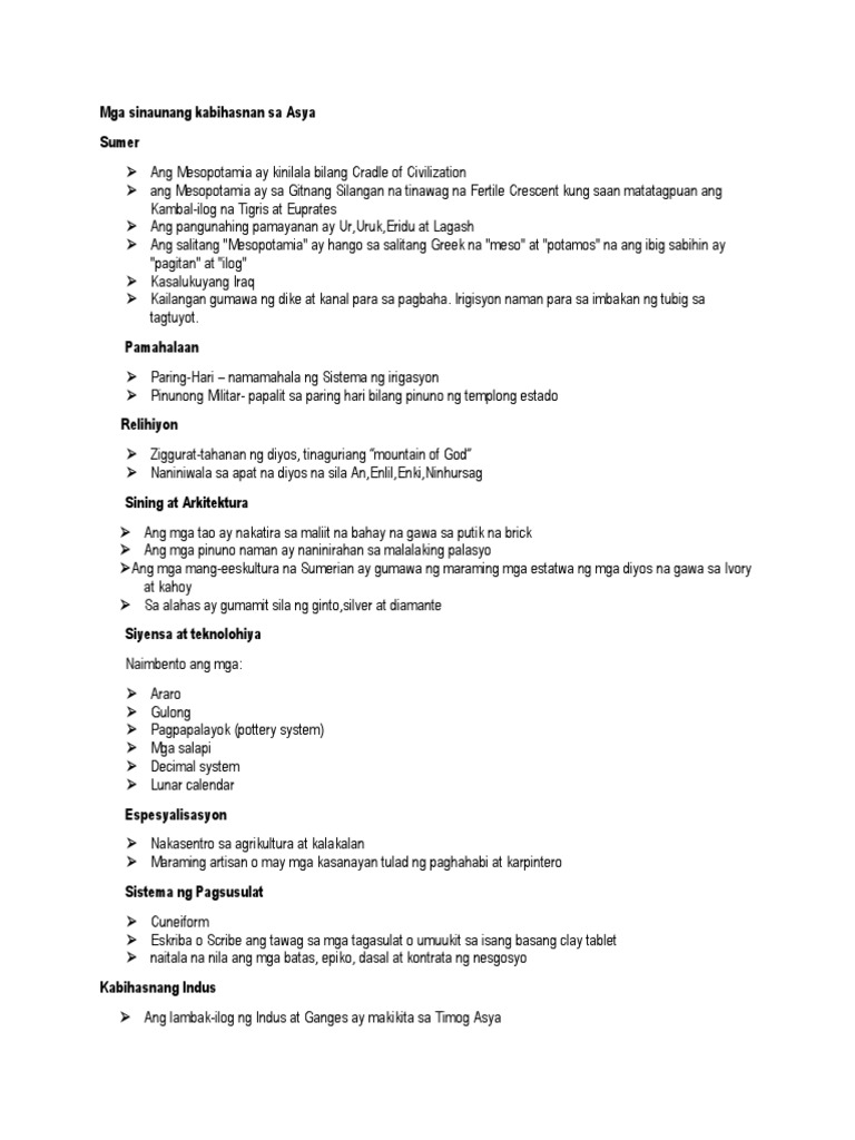 Mga Sinaunang Kabihasnan Sa Asya NOTES | PDF