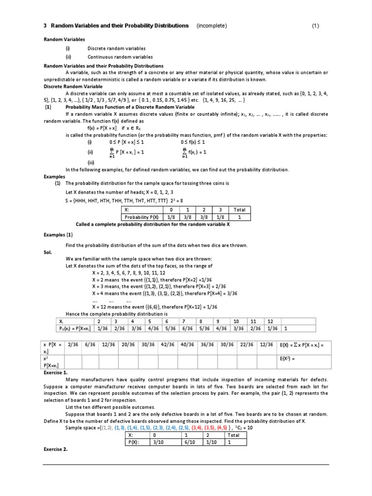Random Variables Incomplete | PDF | Probability Distribution | Expected Value
