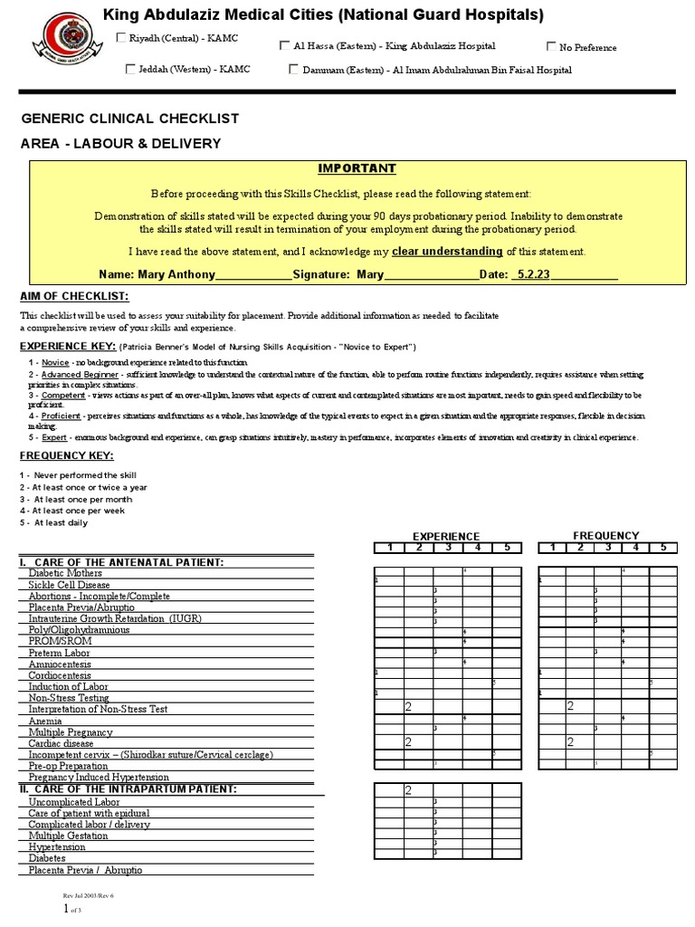 Generic Clinical Checklist Area - Labour & Delivery | Download Free PDF ...
