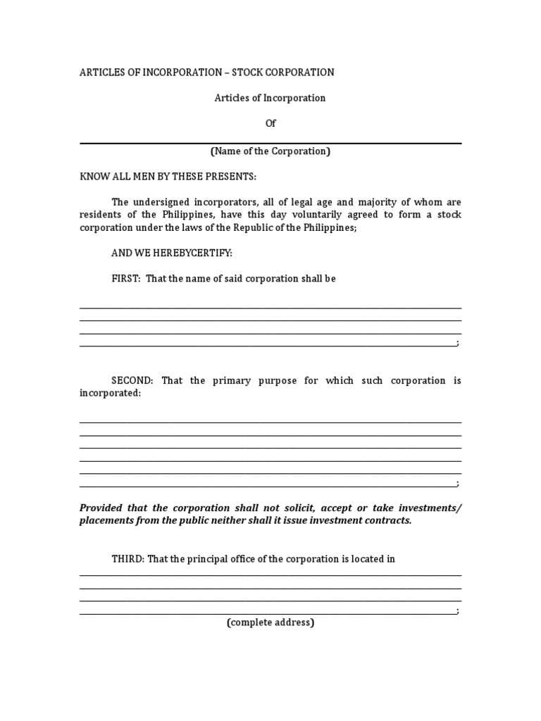 Articles of Incorporation Template | PDF | Stocks | Corporations