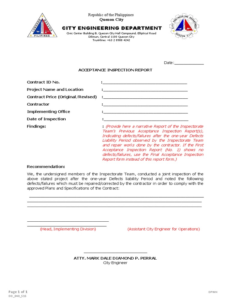 Acceptance Inspection Report Template | PDF