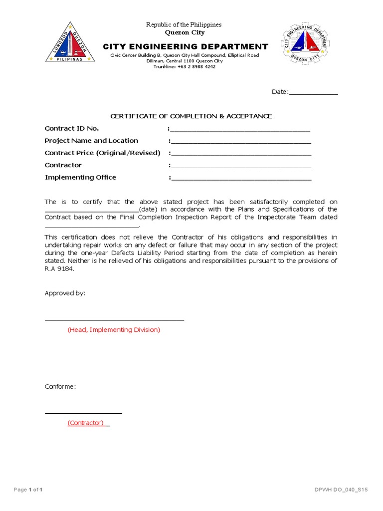 Certificate of Completion & Acceptance | PDF
