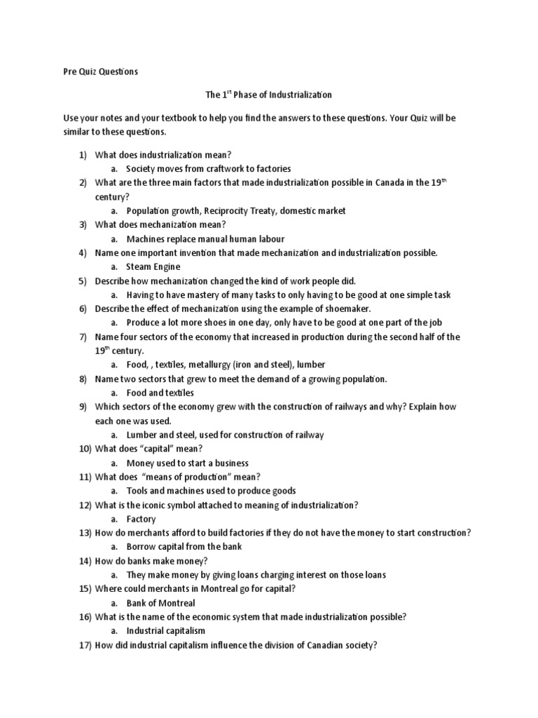Pre Quiz Questions Industrialization With Answers | PDF | Mechanization ...