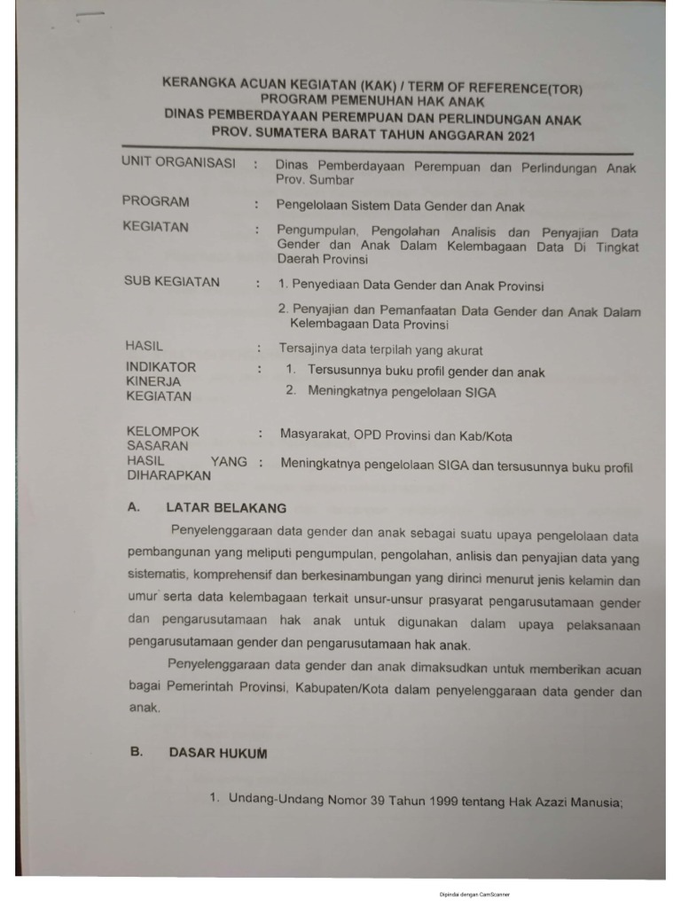 (KAK) 1.penyediaan Data Gender Dan Anak Provinsi, 2.penyajian Dan Pemanfaatan Data Gender Dan ...