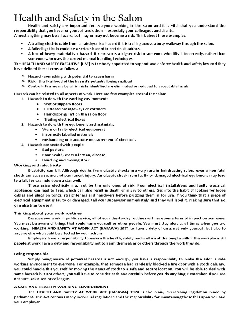 Health and Safety in The Salon | PDF | Sterilization (Microbiology) | Occupational Safety And Health