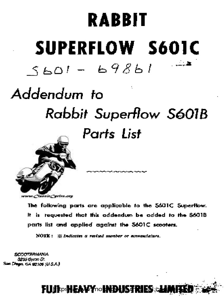 Fuji S601 Rabbit Scooter Illustrated Parts List | PDF | Machines ...