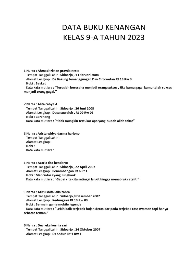 Format Buku Kenangan Kelas 9a 2023. | PDF
