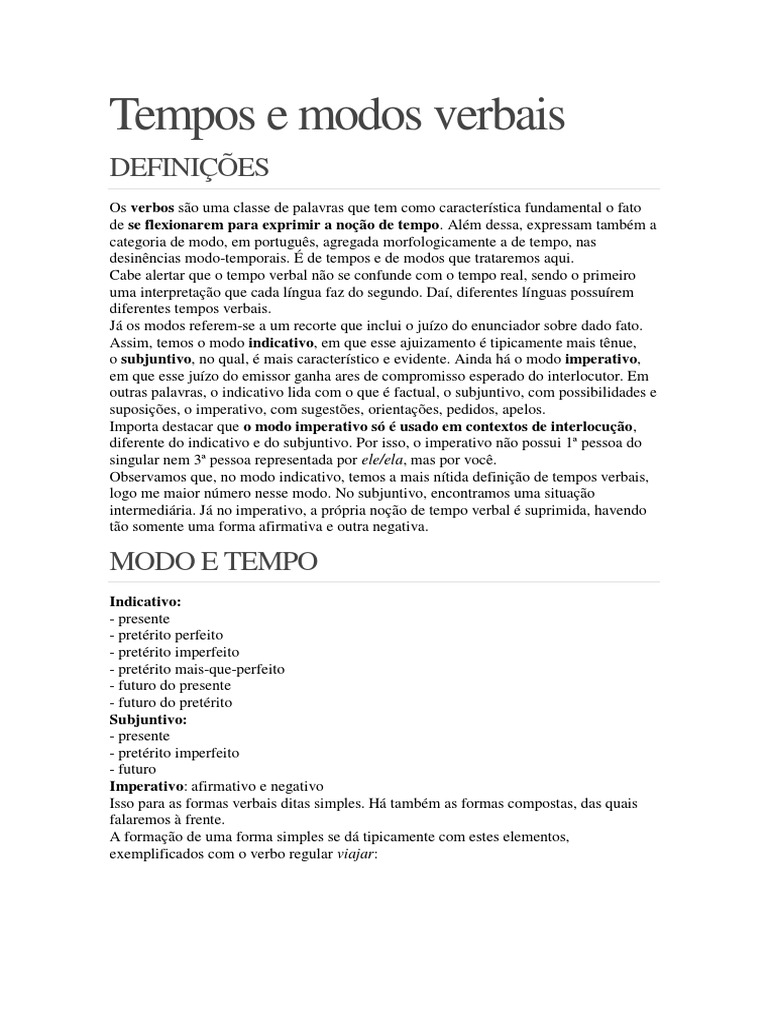 Tempos e Modos Verbais | PDF | Linguística | Gramática
