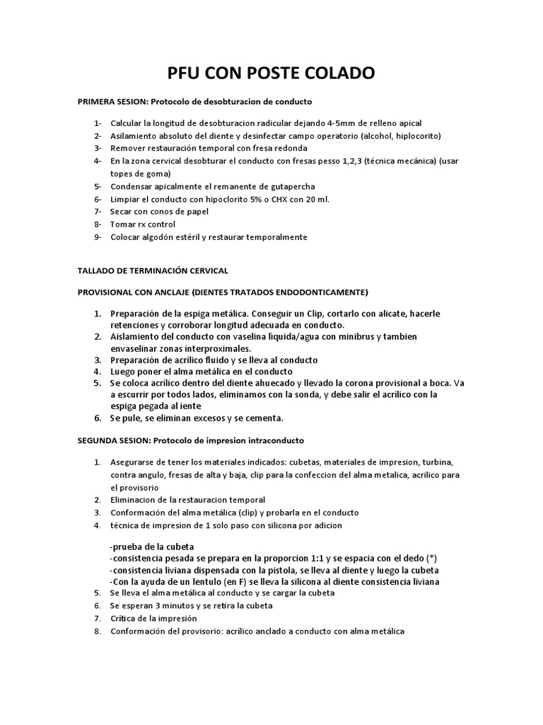 Protocolos Pfu Fibra y Colado | PDF | Materiales | Ciencias fisicas
