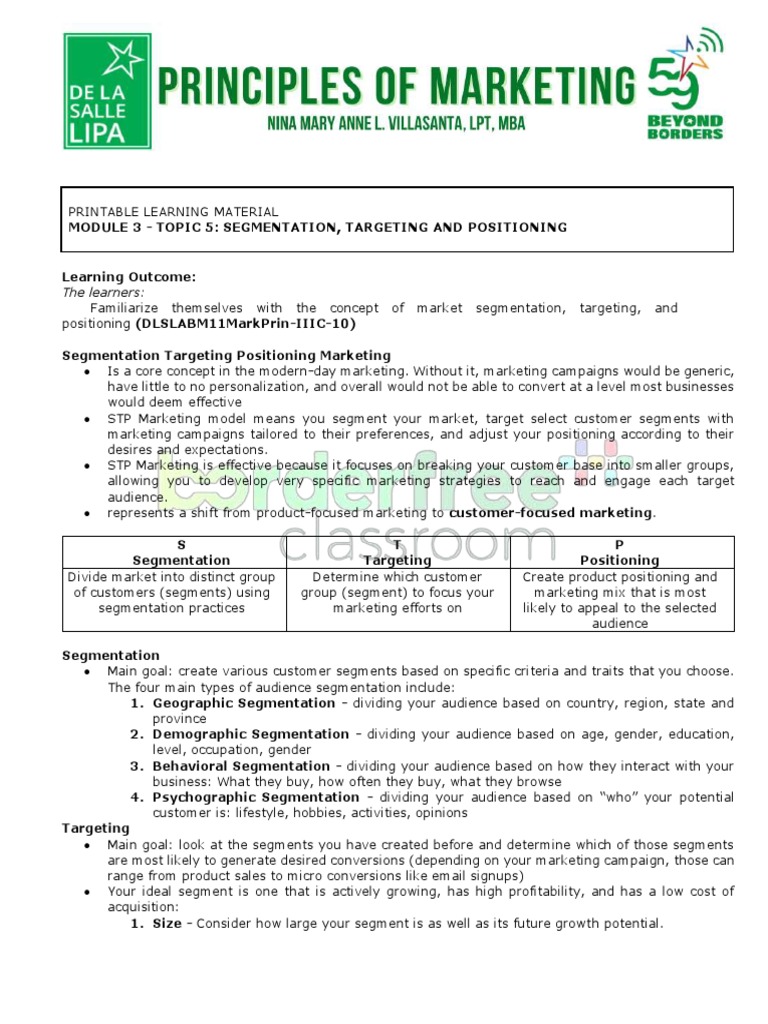 LM - Module 3 Topic 5 - Markprin | PDF | Market Segmentation | Marketing