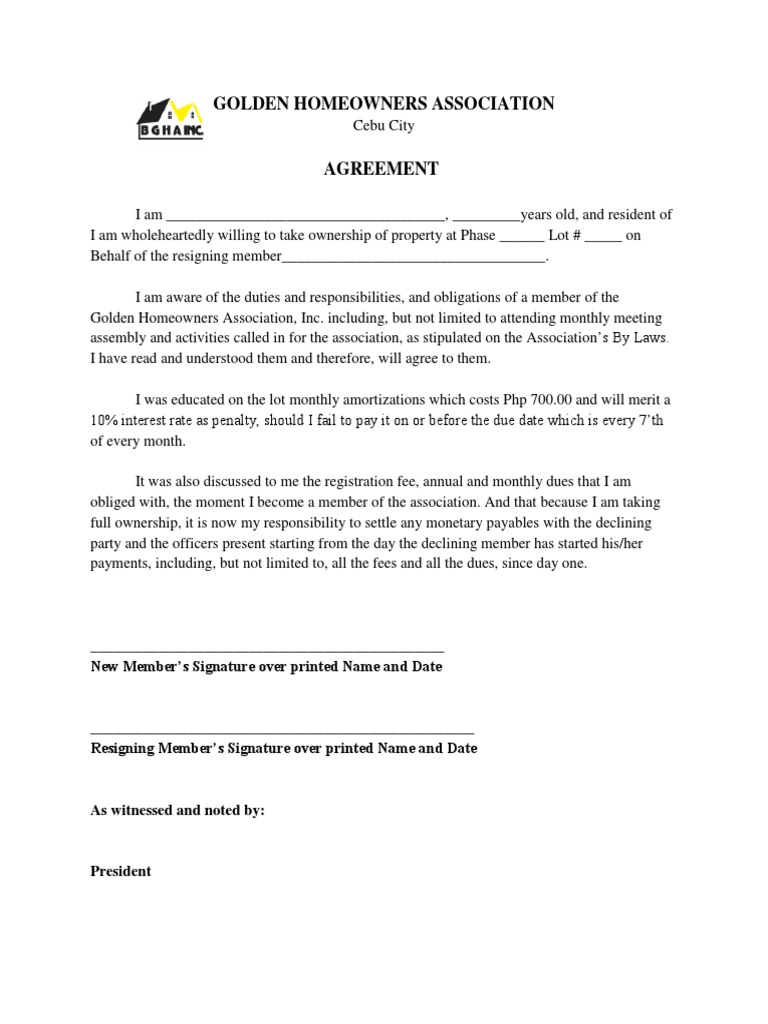 Golden Homeowners Association Agreement | PDF | Finance & Money Management