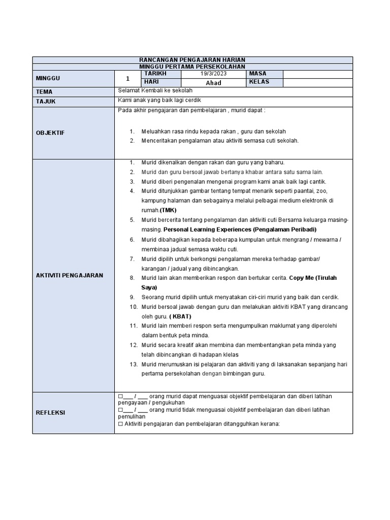 RPH Ringkas Minggu Pertama Persekolahan by Cikgu Gorgeous | PDF