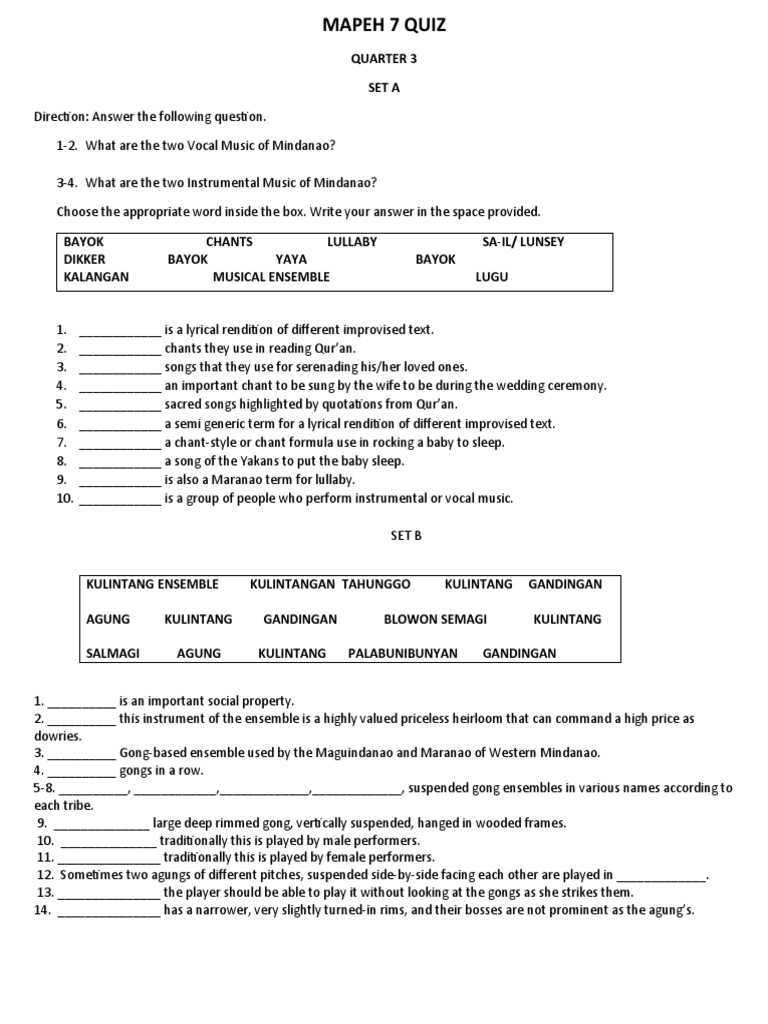 Mapeh 7 Quiz | PDF | Musical Instruments | Performing Arts