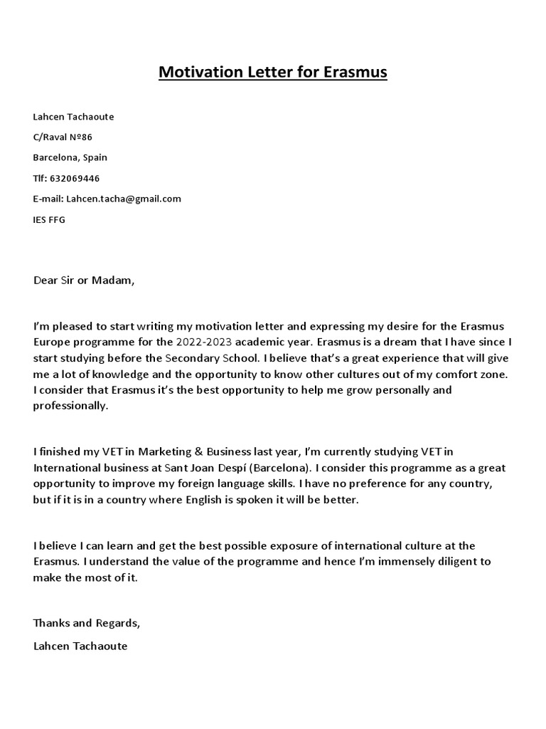 Erasmus Motivation Letter Example | PDF