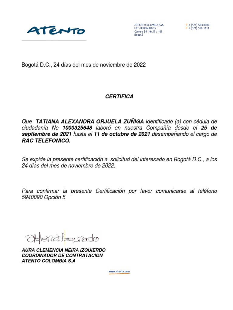 Certificado Atento | PDF