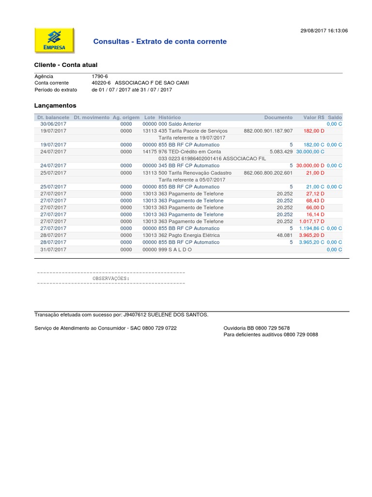 Extratos BB Julho 2017 PDF | PDF | Conta de transação | Jargão