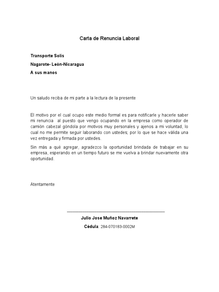 Carta de Renuncia Laboral | PDF