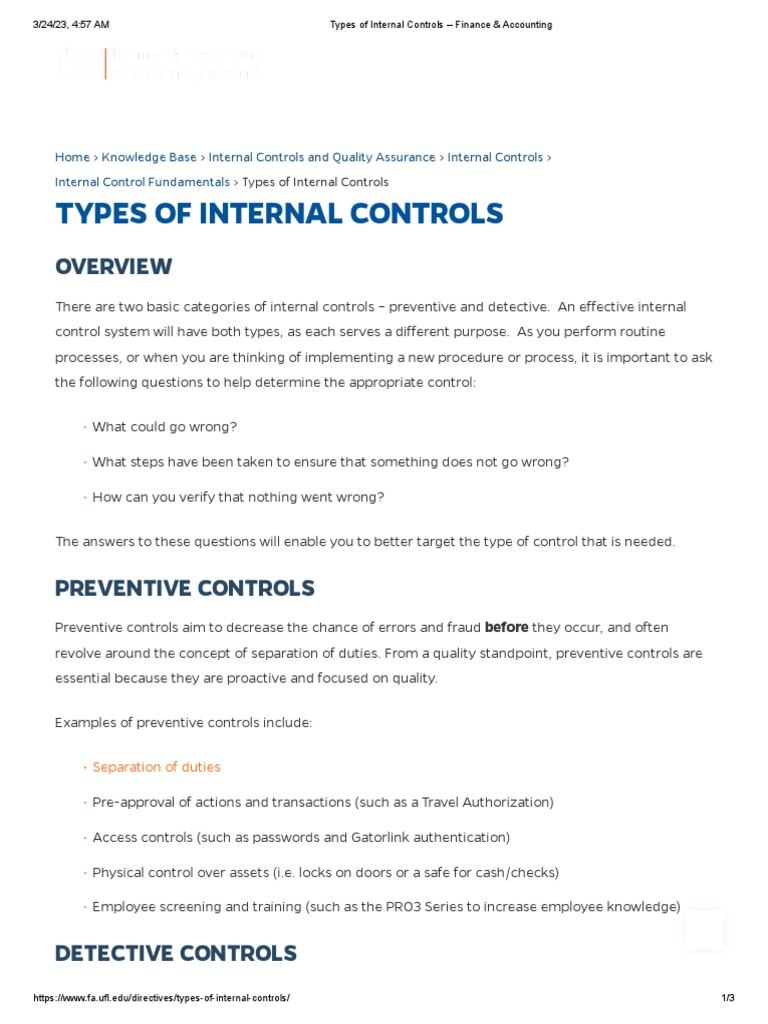 Types of Internal Controls - Finance & Accounting | PDF