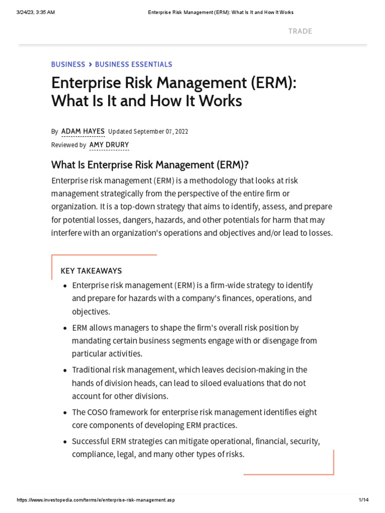 Enterprise Risk Management (ERM) - What Is It and How It Works | PDF ...