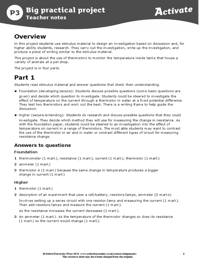 P3 Big Practical Project Teacher Notes | PDF | Electrical Resistance ...