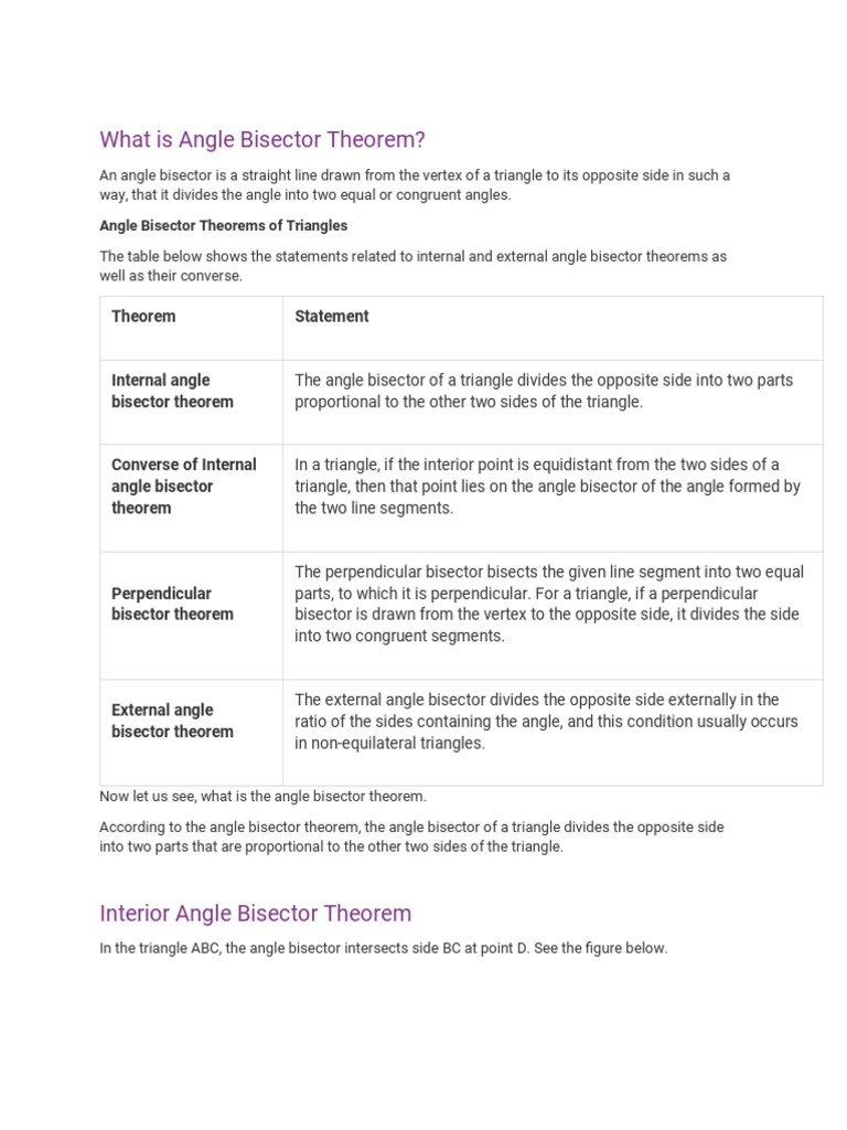 What Is Angle Bisector Theorem | PDF | Triangle | Perpendicular