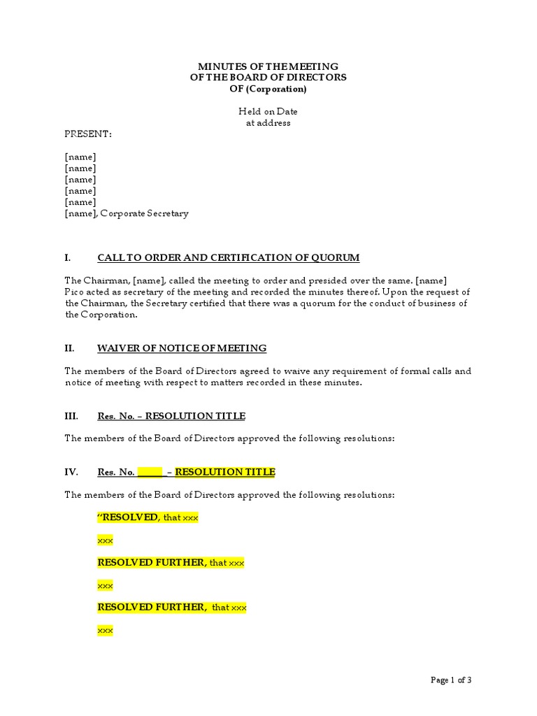 (Company Name) MM TEMPLATE | Download Free PDF | Board Of Directors ...
