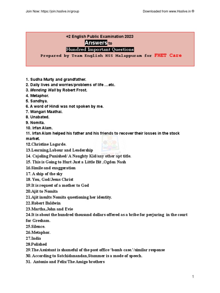 Hsslive Xii English Hundred Imp Questions Answers 2023 Pdf Pdf