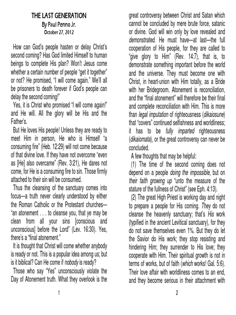The Last Generation 10-28-12 Paul Penno | PDF | Jesus | Sin