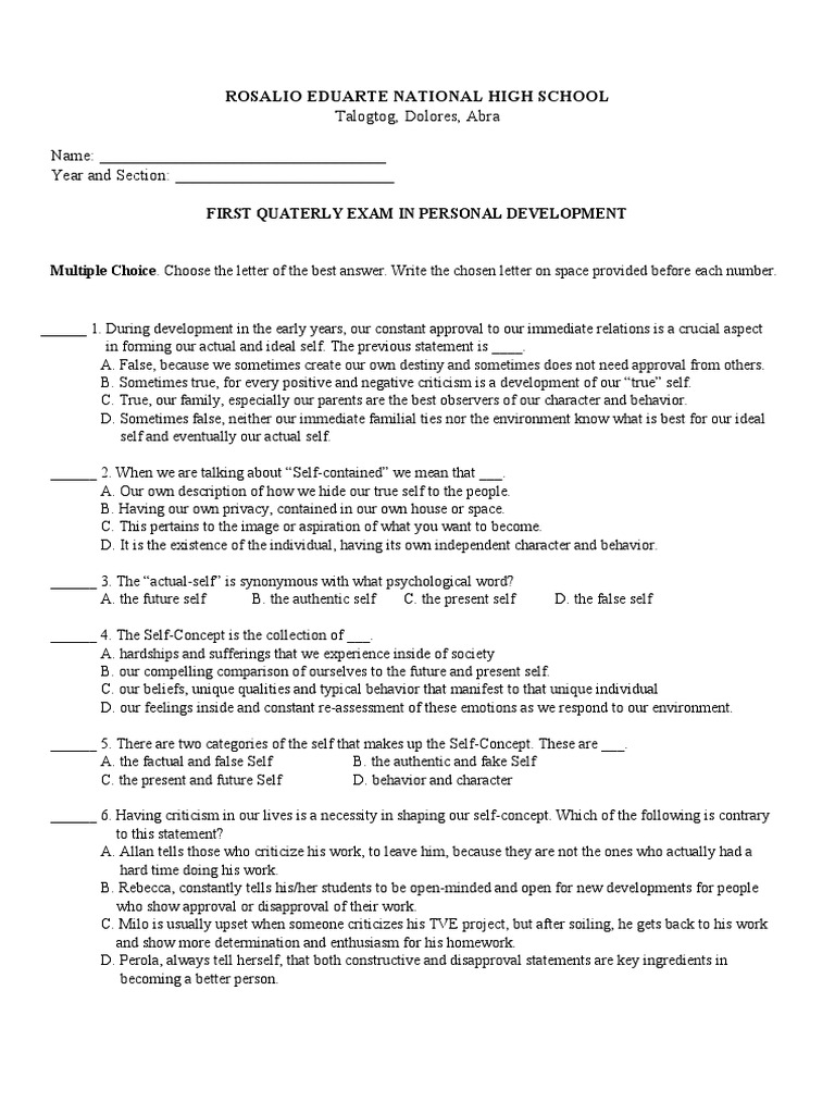 First Quarter Exam PERDEV 2022 | PDF | Self Concept | Feeling