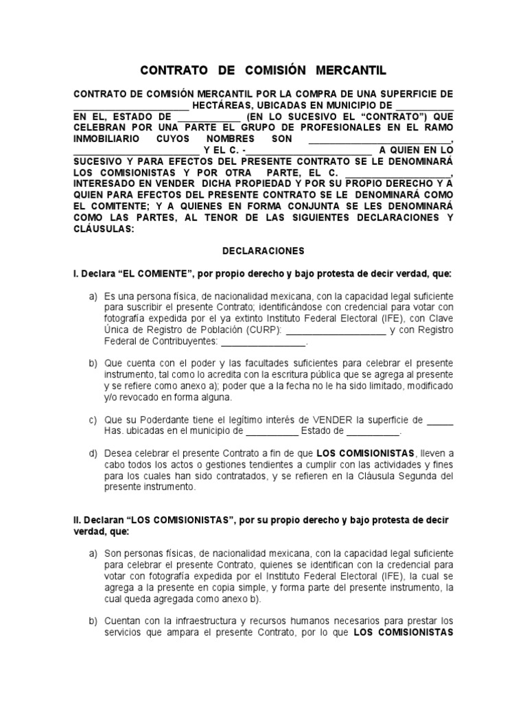 Machote de Contrato de Comisión Mercantil | PDF | Derecho civil ...
